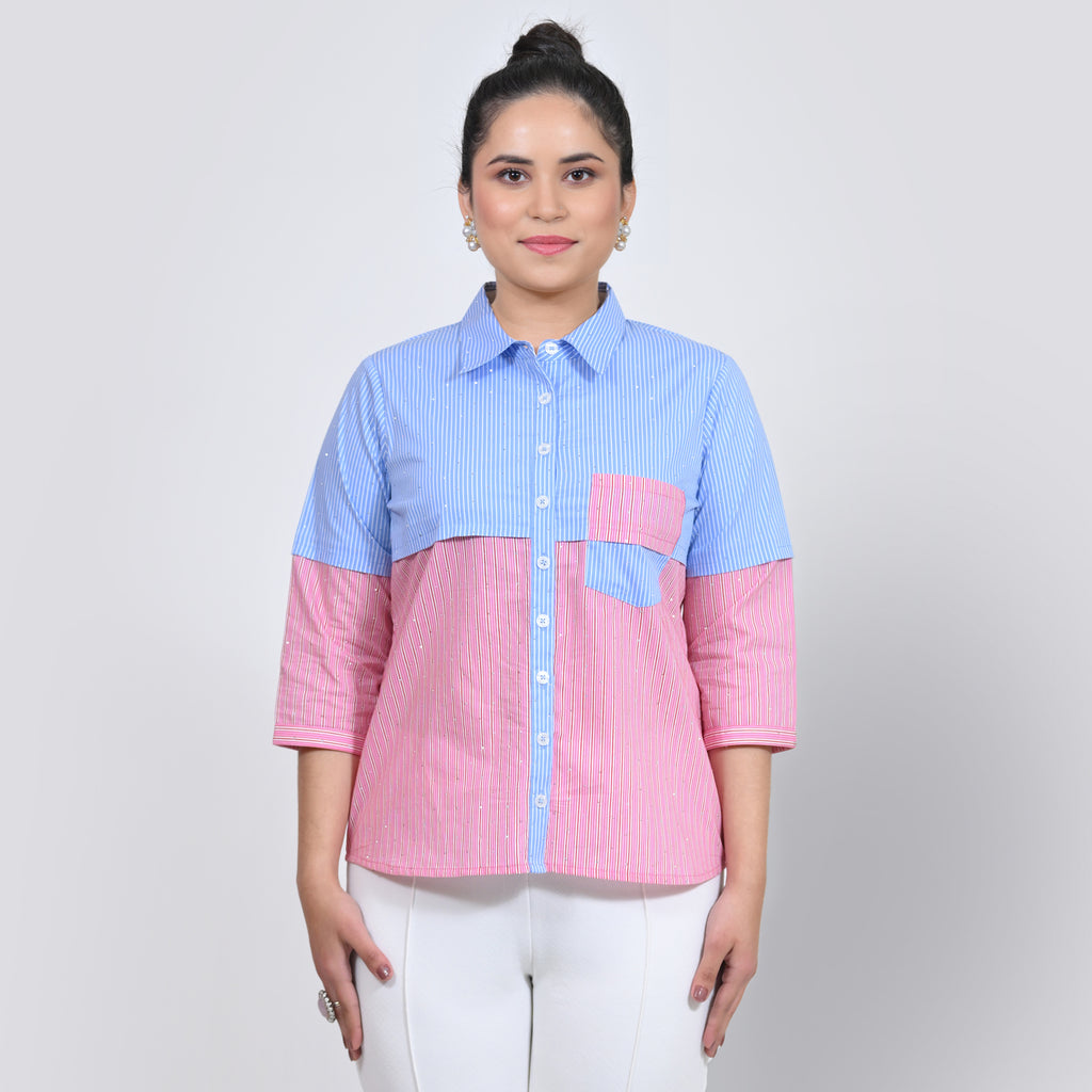 Half Pink Half Blue Shirt With Studs