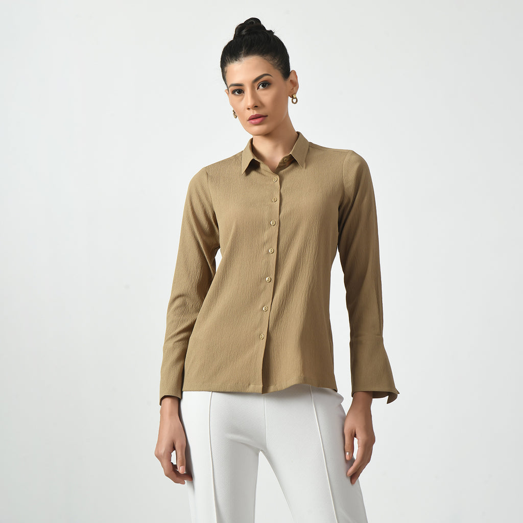 Beige Texture Shirt With Overlap Cuff