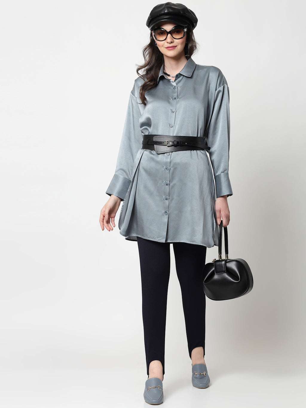 Bluish Grey Satin Oversize Long Shirt