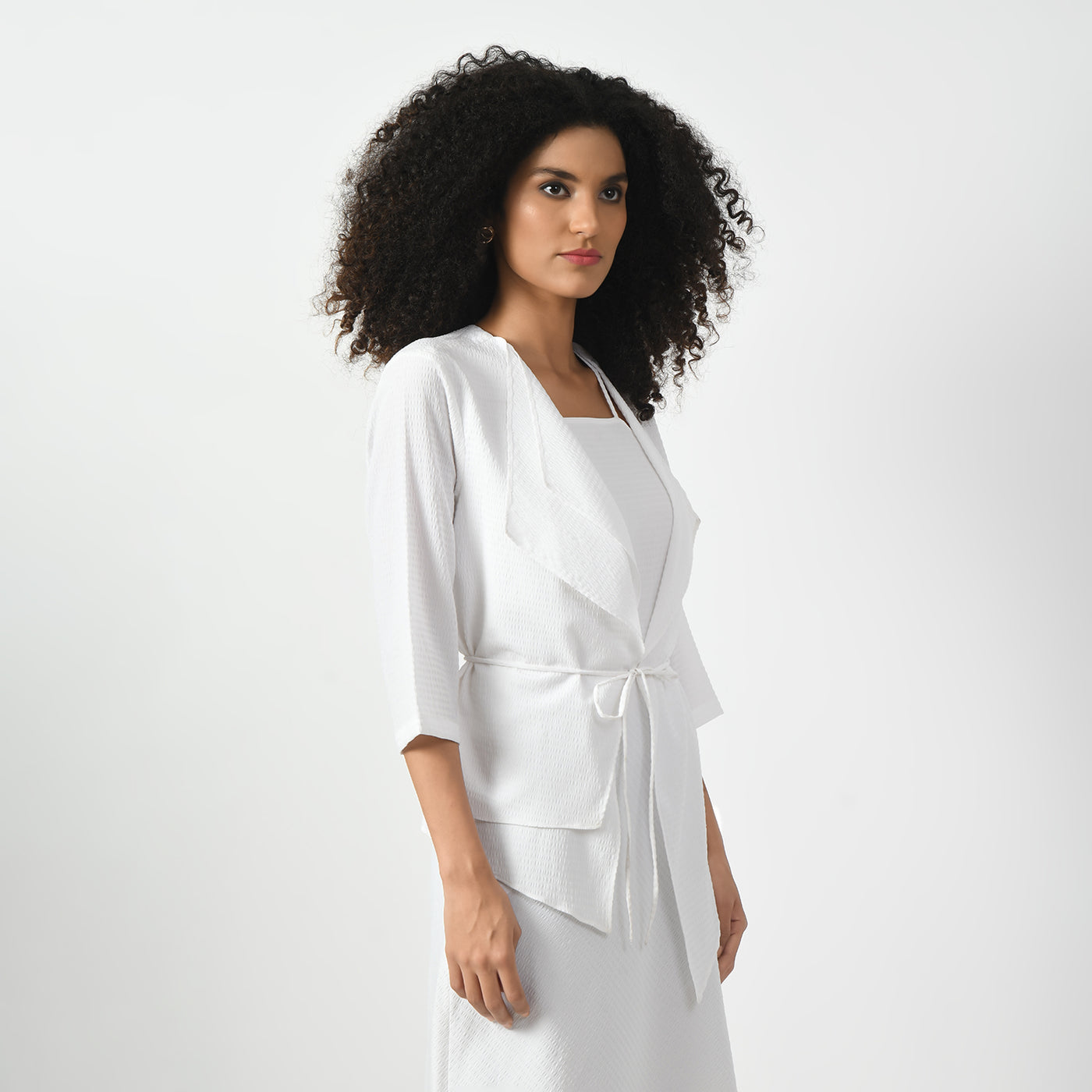 White Textured Wrap Jacket with Tie Knot for Women