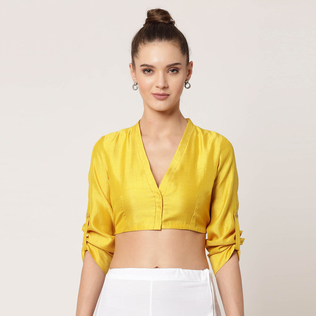 Yellow Silk Blouse With Turn Up Sleeves
