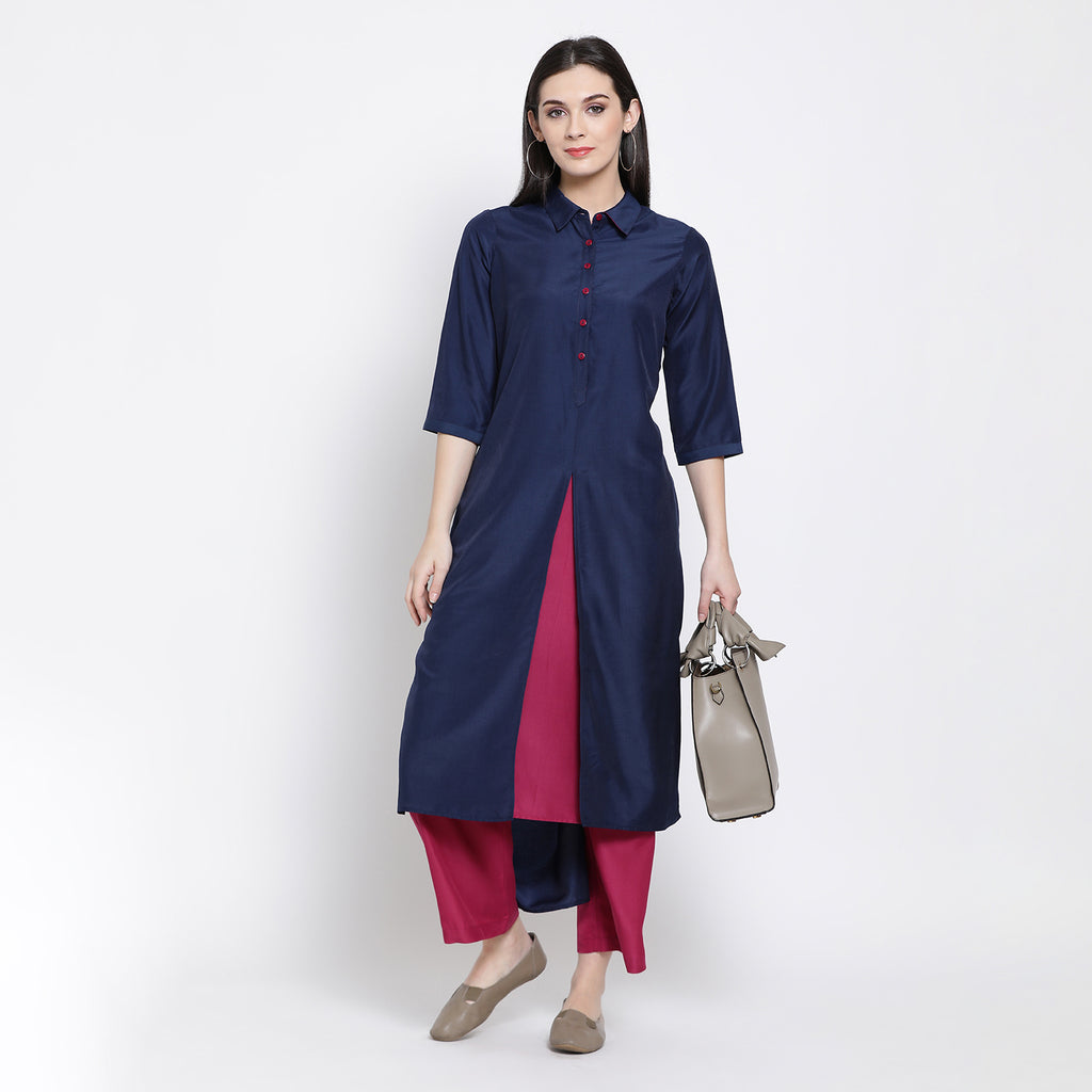 Buy Blue & Pink Double Layer Asymmetrical Long Dresses for Ladies Online