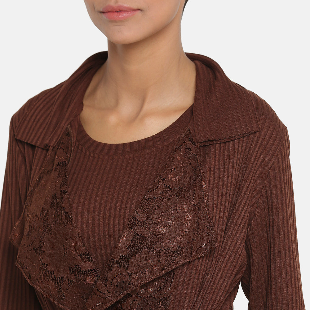 Brown Ribbed Long Shrug