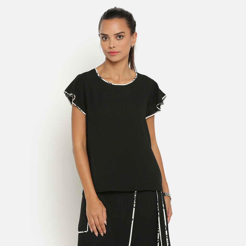 Buy Black Top with Side Frill and Contrast Piping